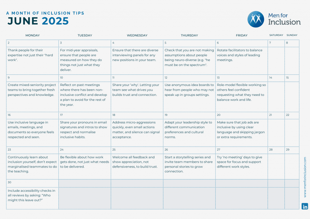 Inclusion Calendar: Daily tips for being more inclusive - Men for Inclusion